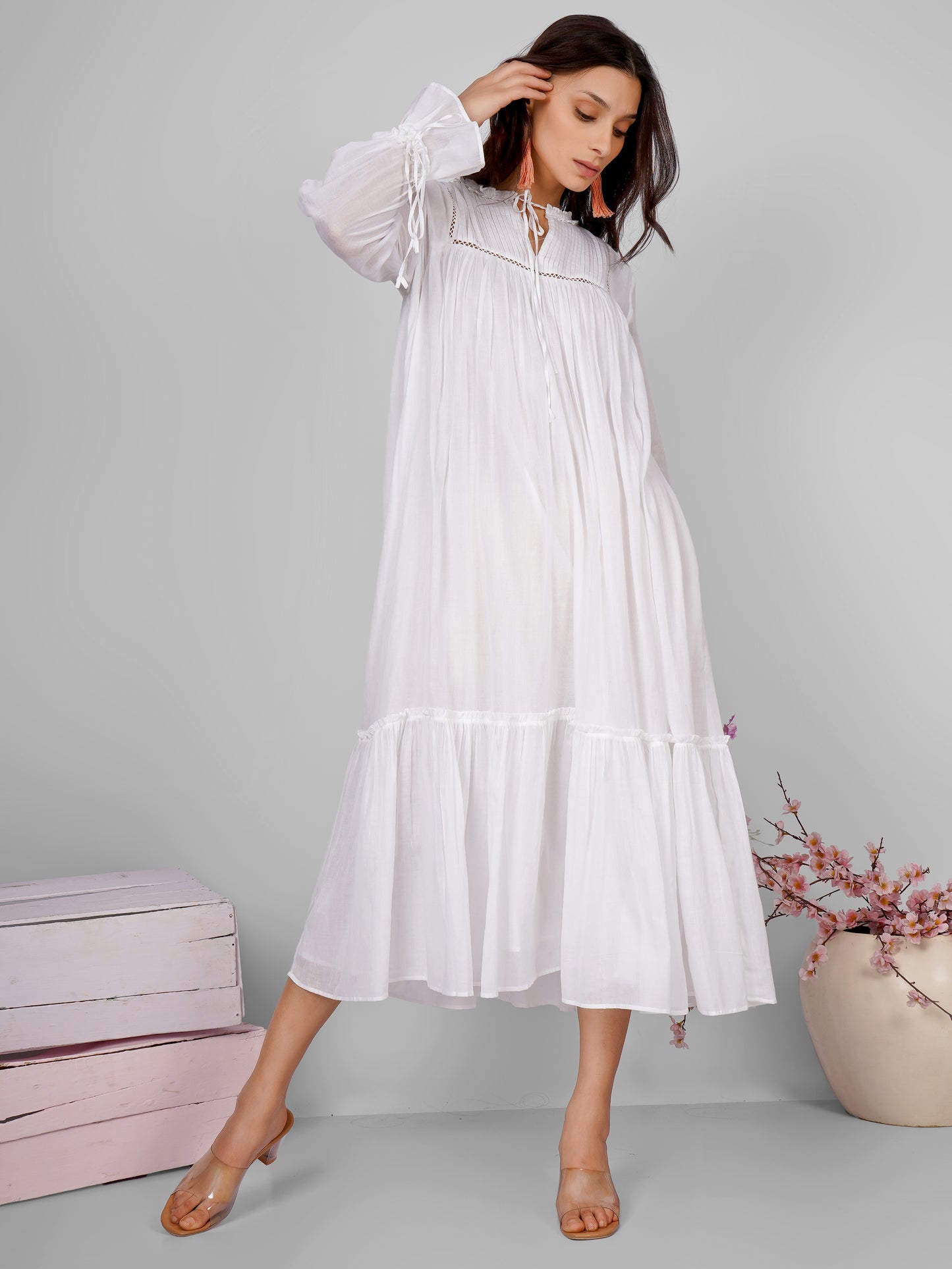 White Ruffle Neckline Pintucks Dress